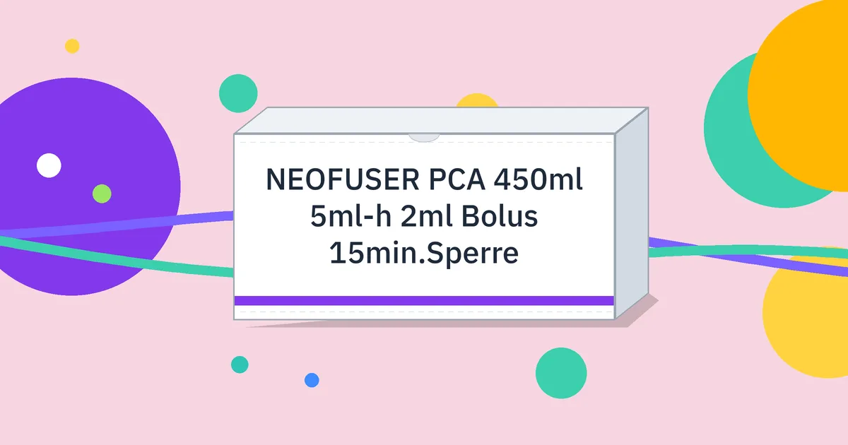 Symbolbild: Packung mit der Aufschrift NEOFUSER PCA 450ml 5ml-h 2ml Bolus 15min.Sperre (PZN 16512564) – Verfügbarkeit und Bezug in Apotheken in Frankfurt am Main