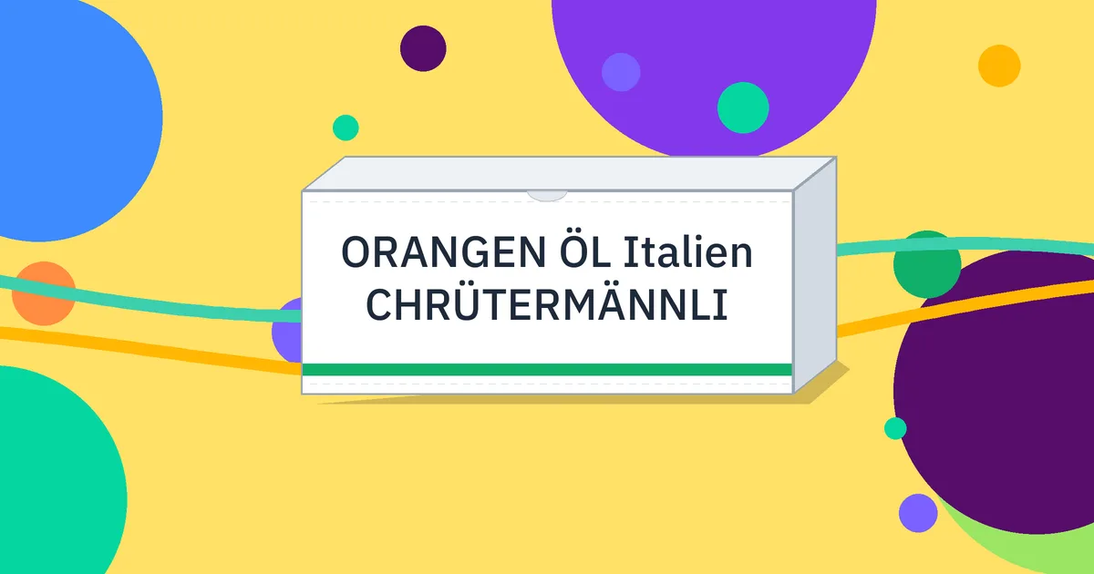 Symbolbild: Packung mit der Aufschrift ORANGEN ÖL Italien CHRÜTERMÄNNLI (PZN 07197112) – Verfügbarkeit und Bezug in Apotheken in Frankfurt am Main