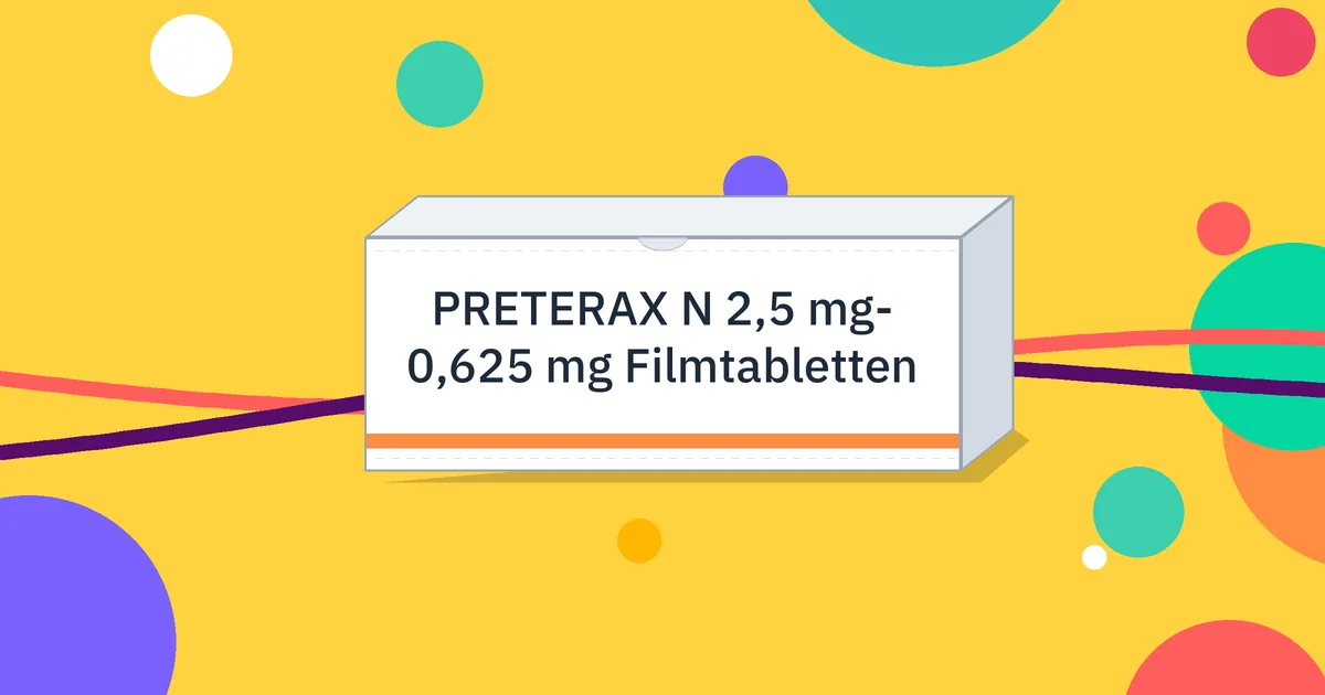 Symbolbild: Packung mit der Aufschrift PRETERAX N 2,5 mg-0,625 mg Filmtabletten (PZN 14254336) – Verfügbarkeit und Bezug in Apotheken in Frankfurt am Main