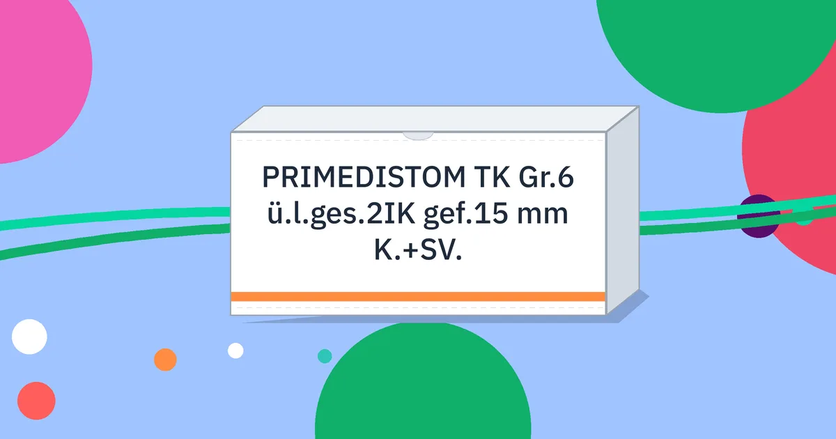 Symbolbild: Packung mit der Aufschrift PRIMEDISTOM TK Gr.6 ü.l.ges.2IK gef.15 mm K.+SV. (PZN 10928648) – Verfügbarkeit und Bezug in Apotheken in Frankfurt am Main