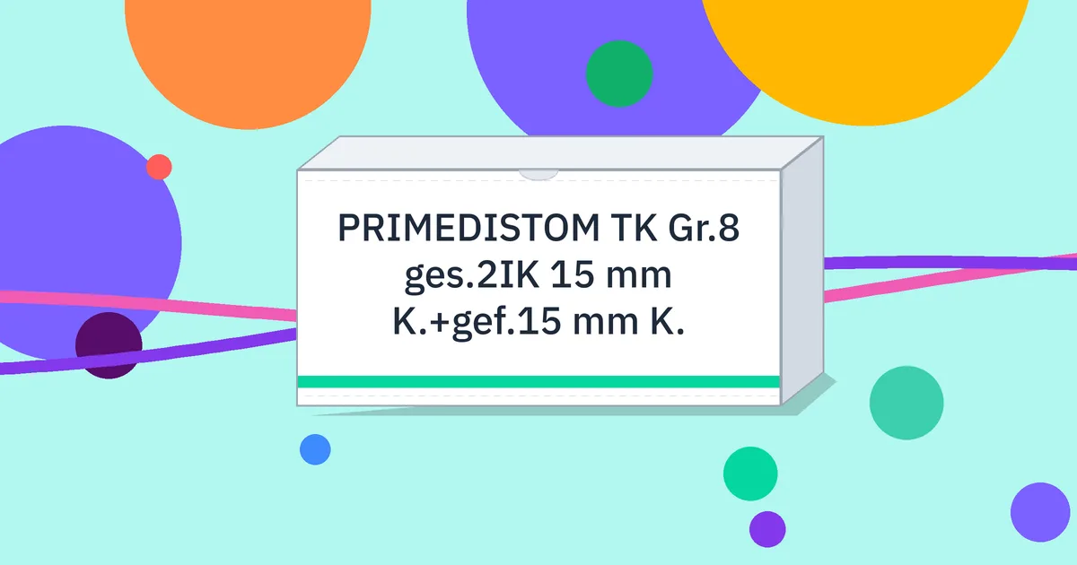 Symbolbild: Packung mit der Aufschrift PRIMEDISTOM TK Gr.8 ges.2IK 15 mm K.+gef.15 mm K. (PZN 10229985) – Verfügbarkeit und Bezug in Apotheken in Frankfurt am Main