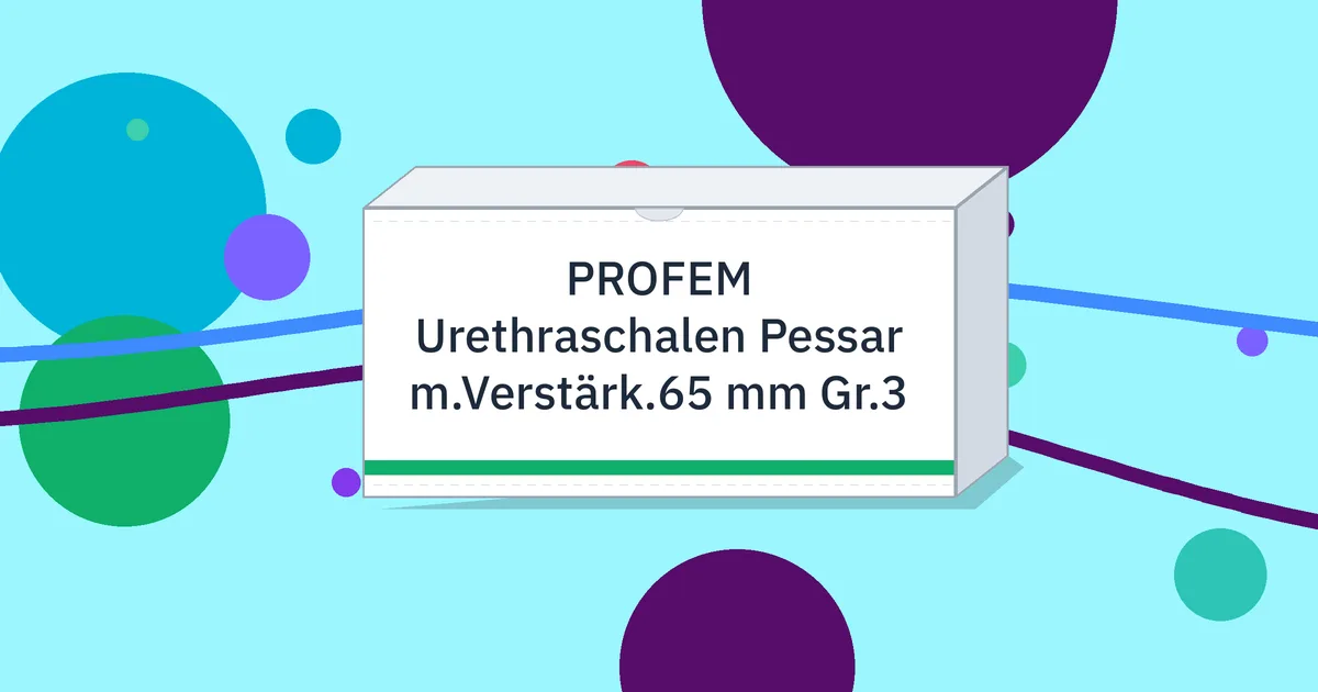 Symbolbild: Packung mit der Aufschrift PROFEM Urethraschalen Pessar m.Verstärk.65 mm Gr.3 (PZN 11672731) – Verfügbarkeit und Bezug in Apotheken in Frankfurt am Main