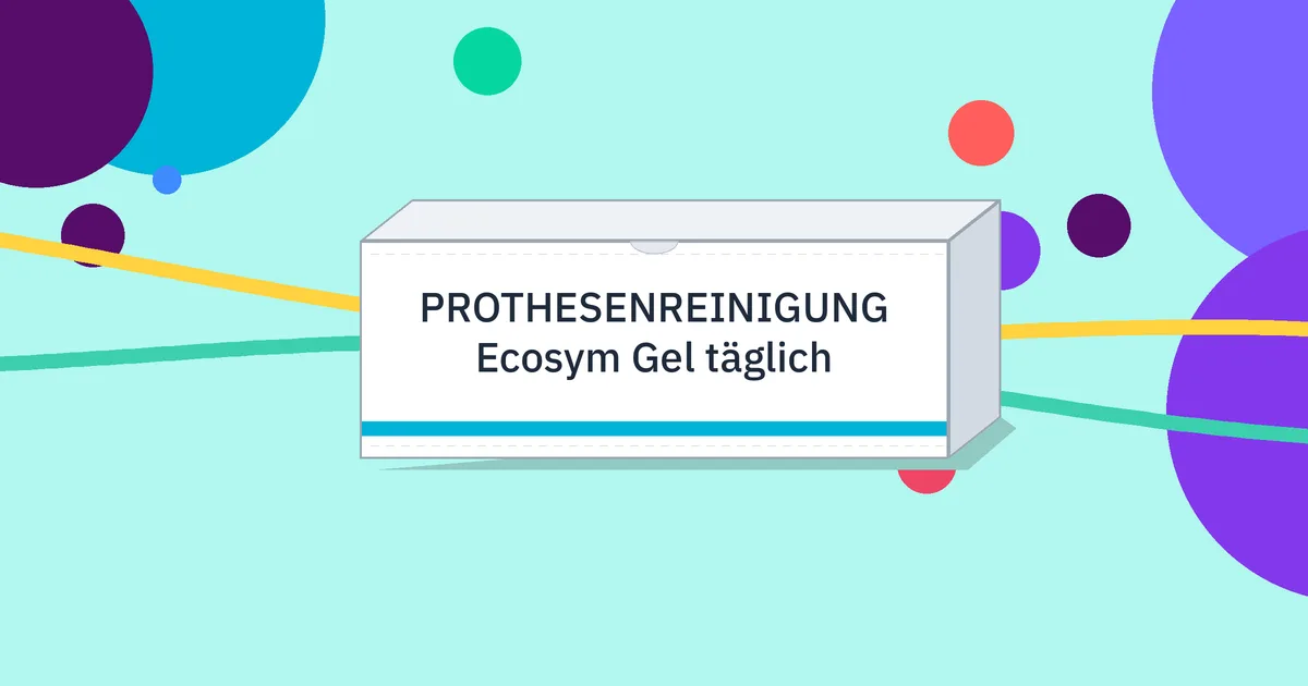 Symbolbild: Packung mit der Aufschrift PROTHESENREINIGUNG Ecosym Gel täglich (PZN 09508800) – Verfügbarkeit und Bezug in Apotheken in Frankfurt am Main