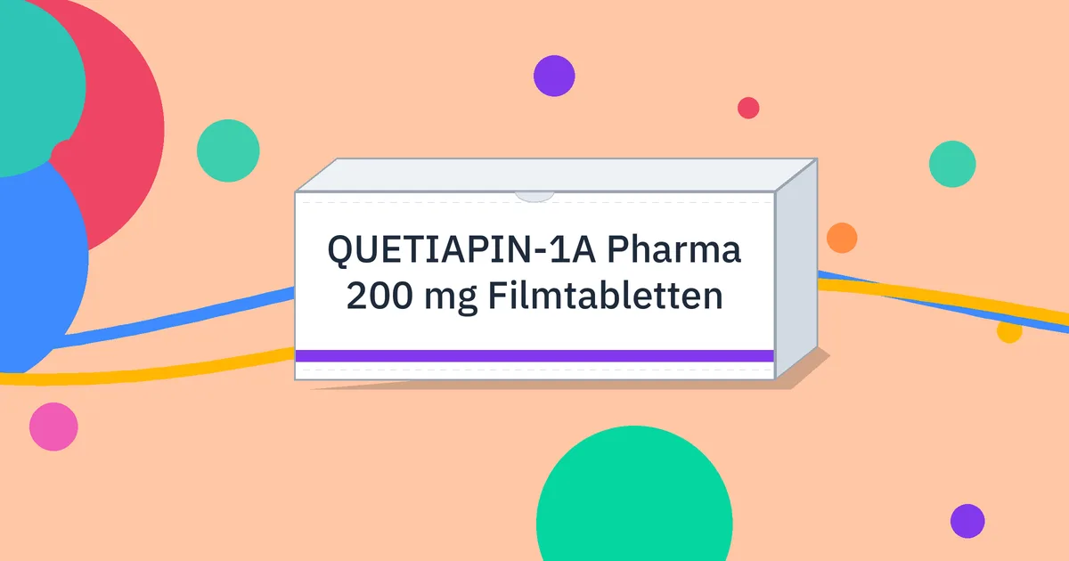 Symbolbild: Packung mit der Aufschrift QUETIAPIN-1A Pharma 200 mg Filmtabletten (PZN 09494854) – Verfügbarkeit und Bezug in Apotheken in Frankfurt am Main