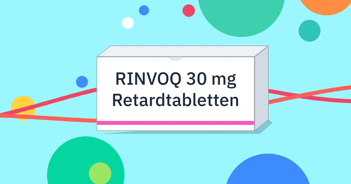 Symbolbild: Packung mit der Aufschrift RINVOQ 30 mg Retardtabletten (PZN 19909598) – Verfügbarkeit und Bezug in Apotheken in Frankfurt am Main
