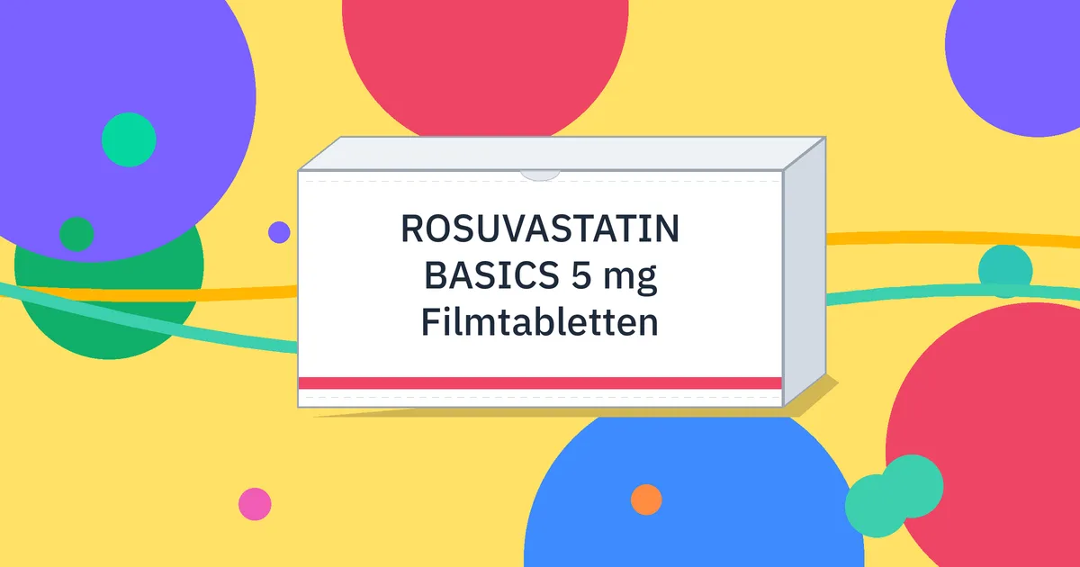 Symbolbild: Packung mit der Aufschrift ROSUVASTATIN BASICS 5 mg Filmtabletten (PZN 19621294) – Verfügbarkeit und Bezug in Apotheken in Frankfurt am Main