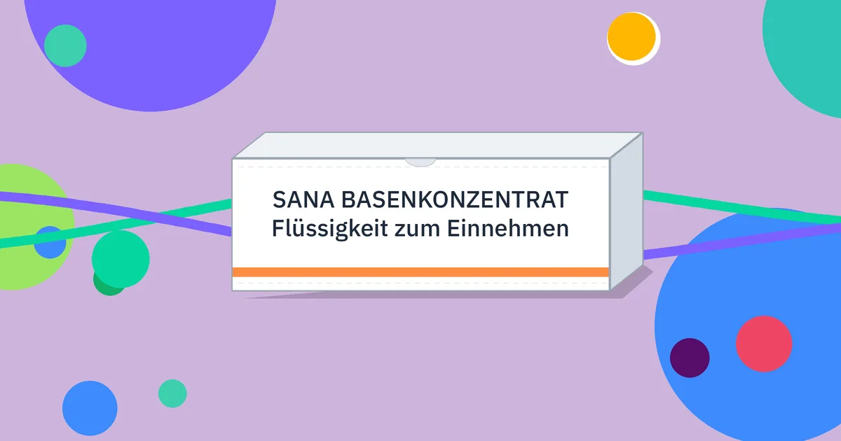 Symbolbild: Packung mit der Aufschrift SANA BASENKONZENTRAT Flüssigkeit zum Einnehmen (PZN 12870373) – Verfügbarkeit und Bezug in Apotheken in Frankfurt am Main