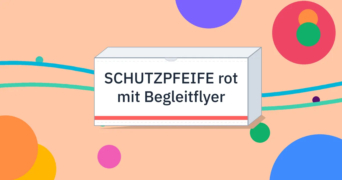Symbolbild: Packung mit der Aufschrift SCHUTZPFEIFE rot mit Begleitflyer (PZN 12460161) – Verfügbarkeit und Bezug in Apotheken in Frankfurt am Main