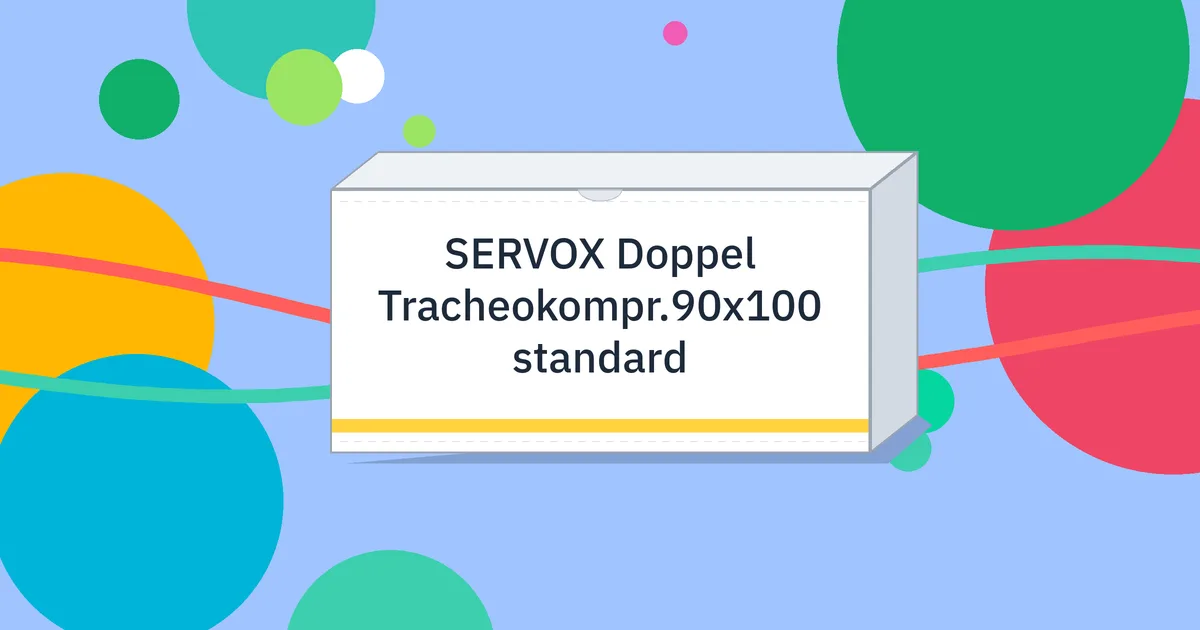 Symbolbild: Packung mit der Aufschrift SERVOX Doppel Tracheokompr.90x100 standard (PZN 08469423) – Verfügbarkeit und Bezug in Apotheken in Frankfurt am Main