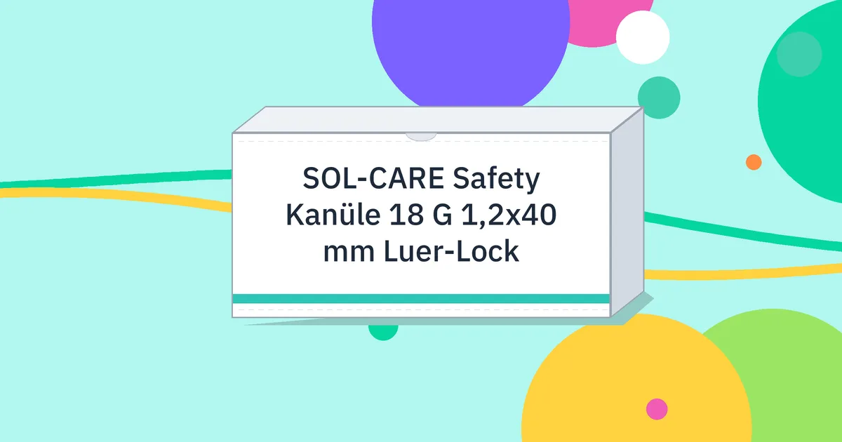Symbolbild: Packung mit der Aufschrift SOL-CARE Safety Kanüle 18 G 1,2x40 mm Luer-Lock (PZN 20328079) – Verfügbarkeit und Bezug in Apotheken in Frankfurt am Main
