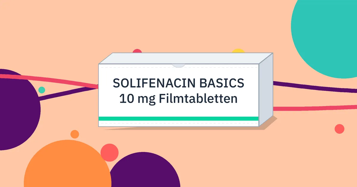 Symbolbild: Packung mit der Aufschrift SOLIFENACIN BASICS 10 mg Filmtabletten (PZN 15616882) – Verfügbarkeit und Bezug in Apotheken in Frankfurt am Main