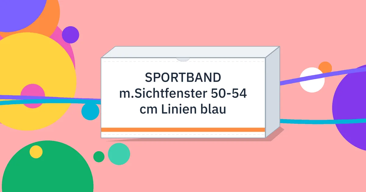 Symbolbild: Packung mit der Aufschrift SPORTBAND m.Sichtfenster 50-54 cm Linien blau (PZN 17837535) – Verfügbarkeit und Bezug in Apotheken in Frankfurt am Main