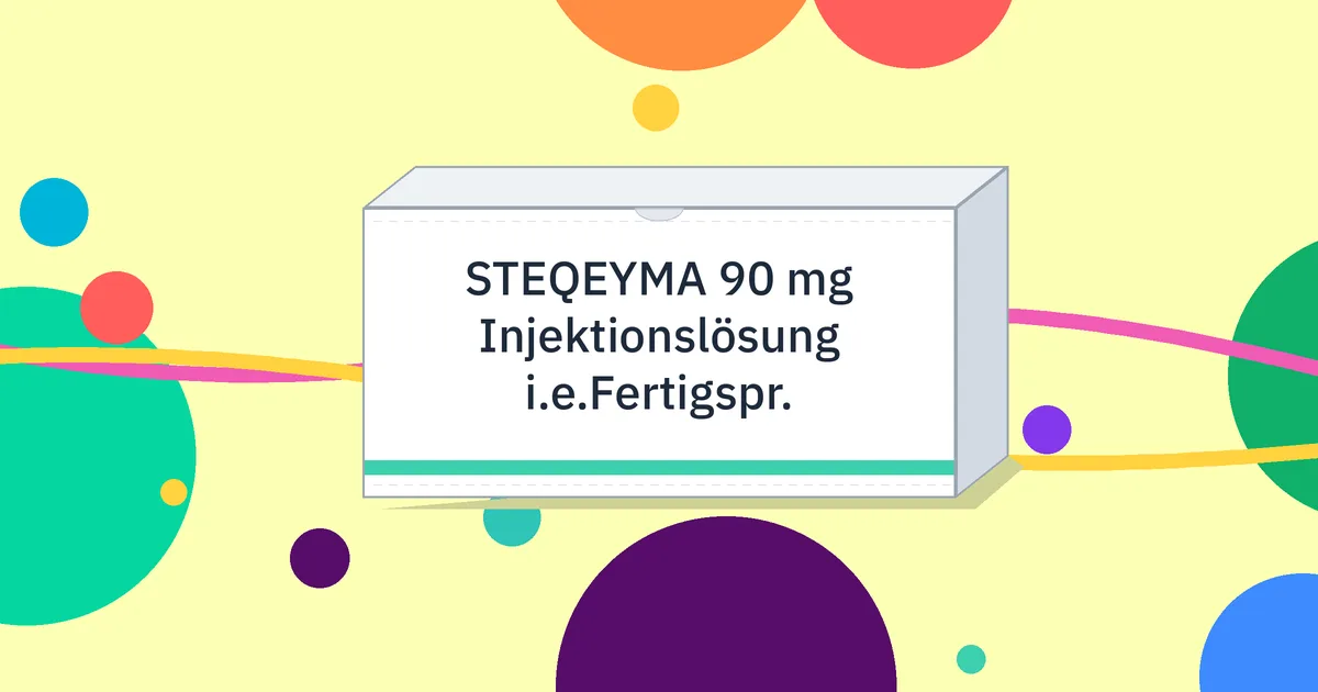 Symbolbild: Packung mit der Aufschrift STEQEYMA 90 mg Injektionslösung i.e.Fertigspr. (PZN 19906602) – Verfügbarkeit und Bezug in Apotheken in Frankfurt am Main