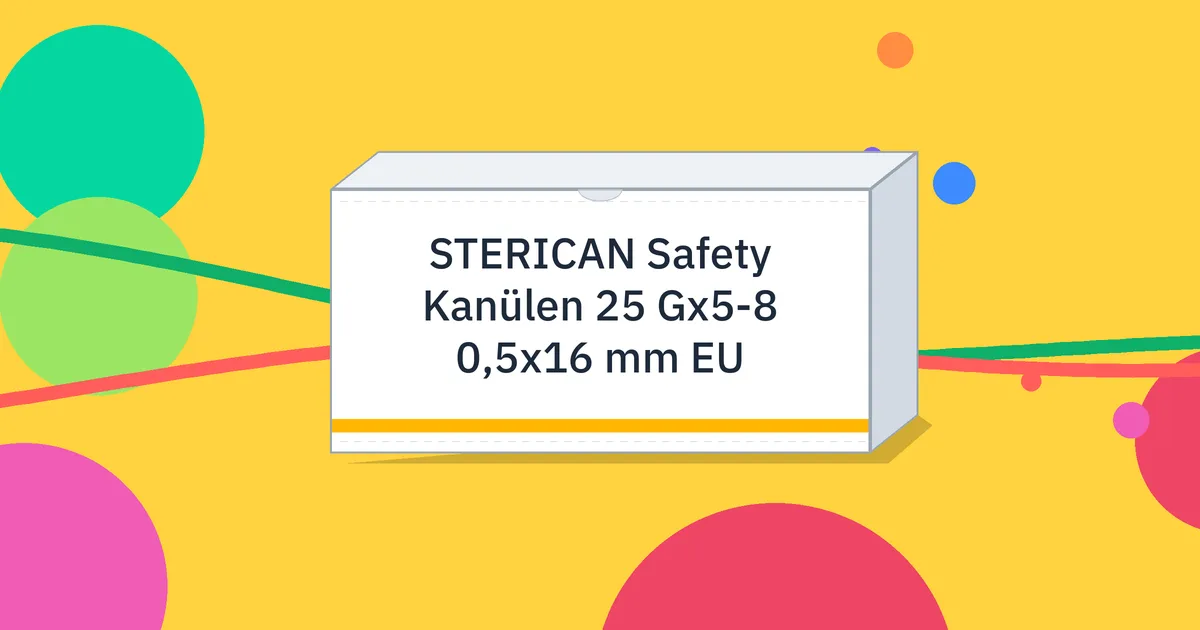 Symbolbild: Packung mit der Aufschrift STERICAN Safety Kanülen 25 Gx5-8 0,5x16 mm EU (PZN 15746538) – Verfügbarkeit und Bezug in Apotheken in Frankfurt am Main