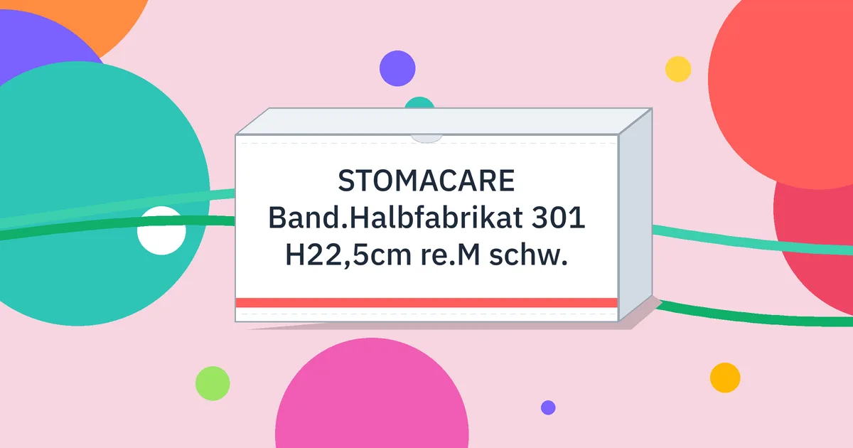 Symbolbild: Packung mit der Aufschrift STOMACARE Band.Halbfabrikat 301 H22,5cm re.M schw. (PZN 09436696) – Verfügbarkeit und Bezug in Apotheken in Frankfurt am Main