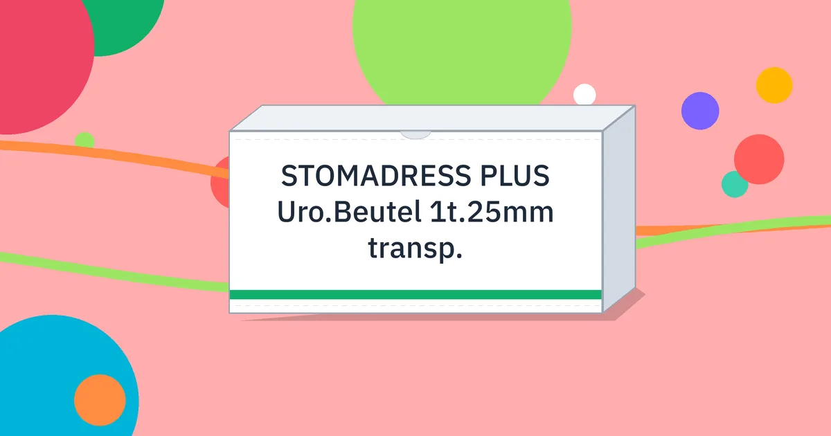 Symbolbild: Packung mit der Aufschrift STOMADRESS PLUS Uro.Beutel 1t.25mm transp. (PZN 04328654) – Verfügbarkeit und Bezug in Apotheken in Frankfurt am Main