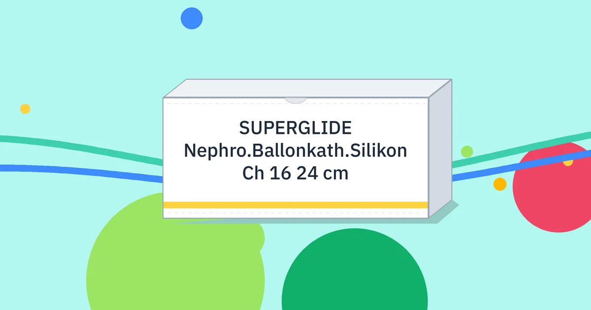 Symbolbild: Packung mit der Aufschrift SUPERGLIDE Nephro.Ballonkath.Silikon Ch 16 24 cm (PZN 05034469) – Verfügbarkeit und Bezug in Apotheken in Frankfurt am Main