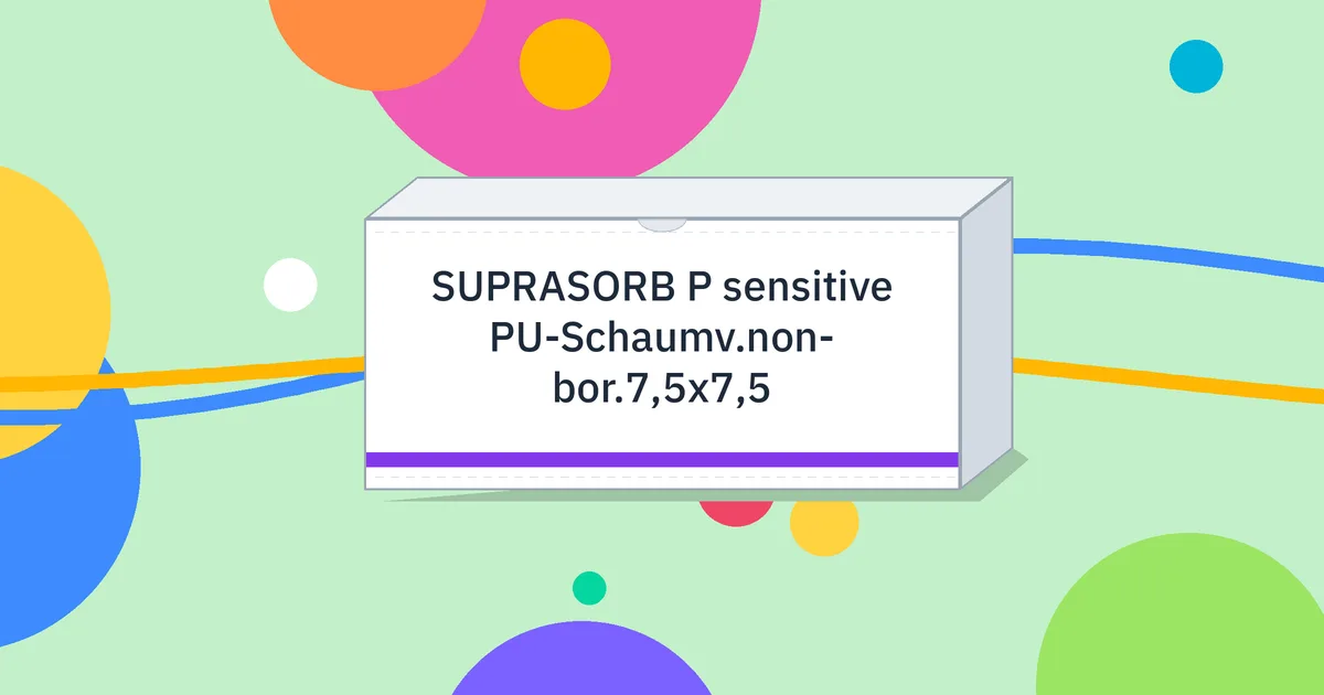 Symbolbild: Packung mit der Aufschrift SUPRASORB P sensitive PU-Schaumv.non-bor.7,5x7,5 (PZN 19647052) – Verfügbarkeit und Bezug in Apotheken in Frankfurt am Main