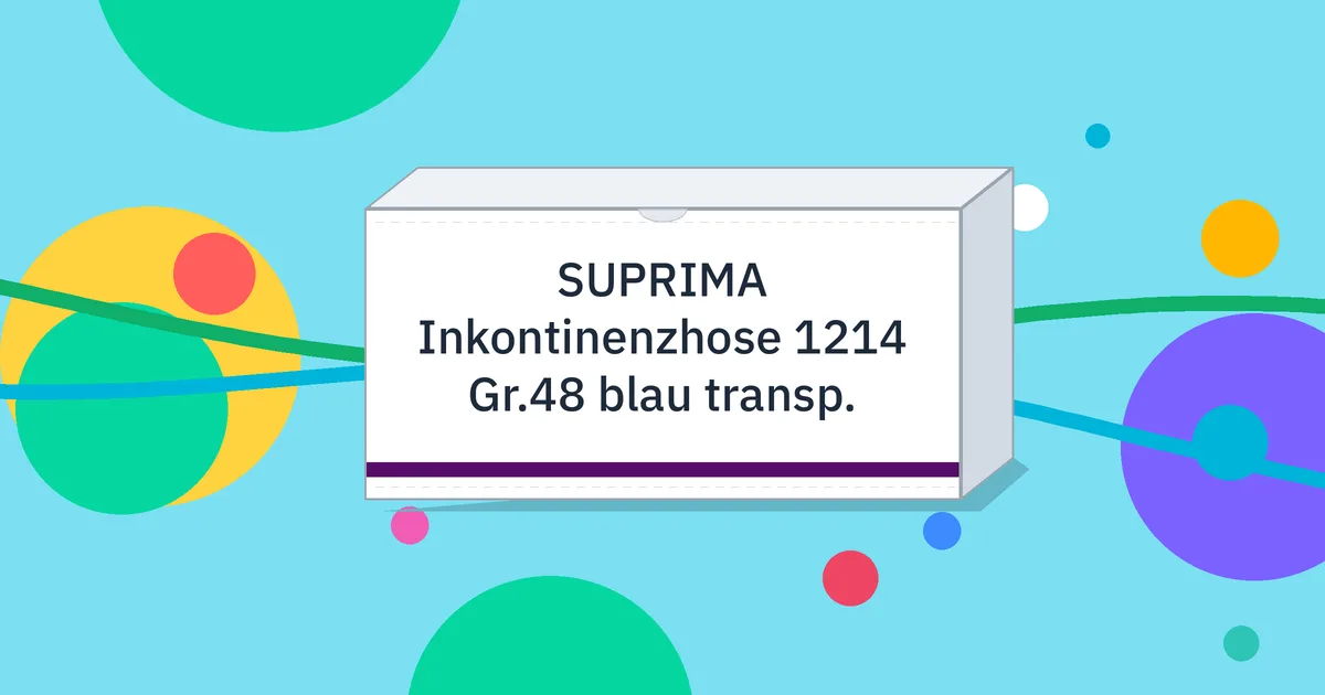 Symbolbild: Packung mit der Aufschrift SUPRIMA Inkontinenzhose 1214 Gr.48 blau transp. (PZN 02852730) – Verfügbarkeit und Bezug in Apotheken in Frankfurt am Main