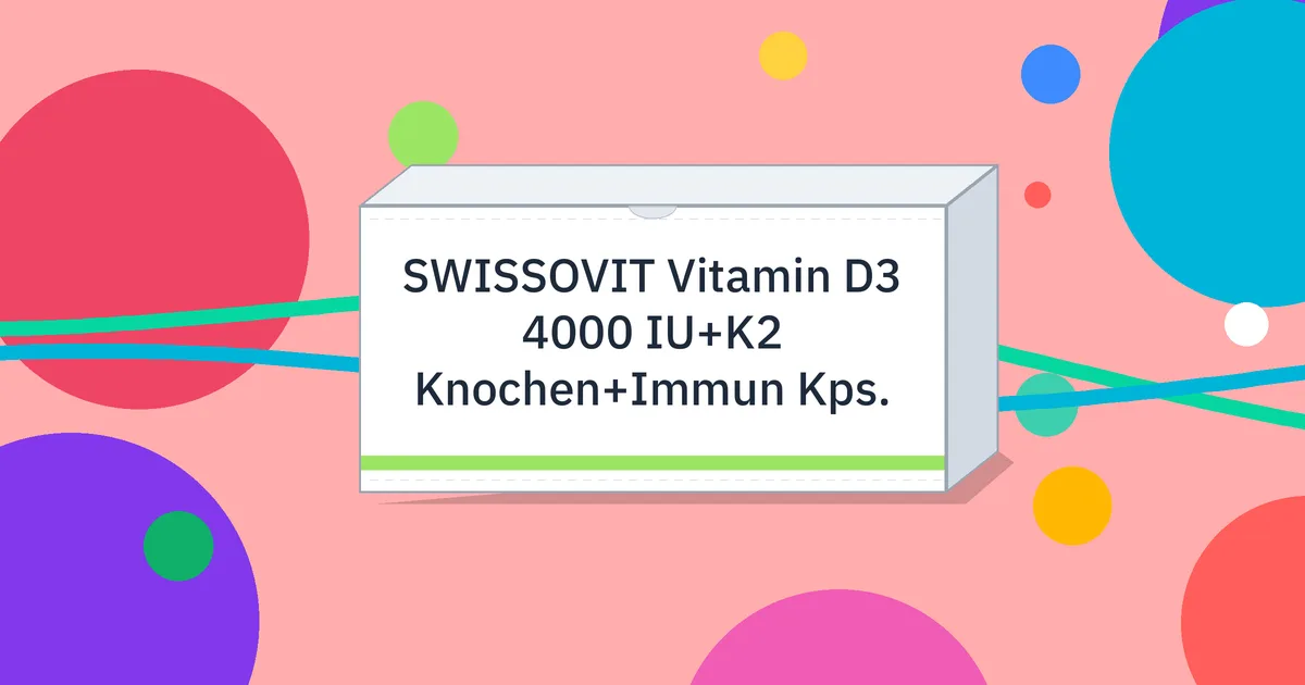 Symbolbild: Packung mit der Aufschrift SWISSOVIT Vitamin D3 4000 IU+K2 Knochen+Immun Kps. (PZN 20082744) – Verfügbarkeit und Bezug in Apotheken in Frankfurt am Main