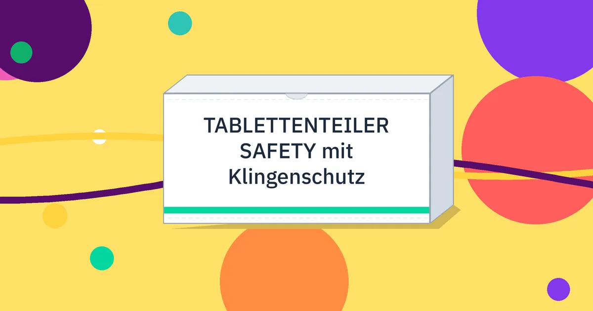 Symbolbild: Packung mit der Aufschrift TABLETTENTEILER SAFETY mit Klingenschutz (PZN 00884281) – Verfügbarkeit und Bezug in Apotheken in Frankfurt am Main