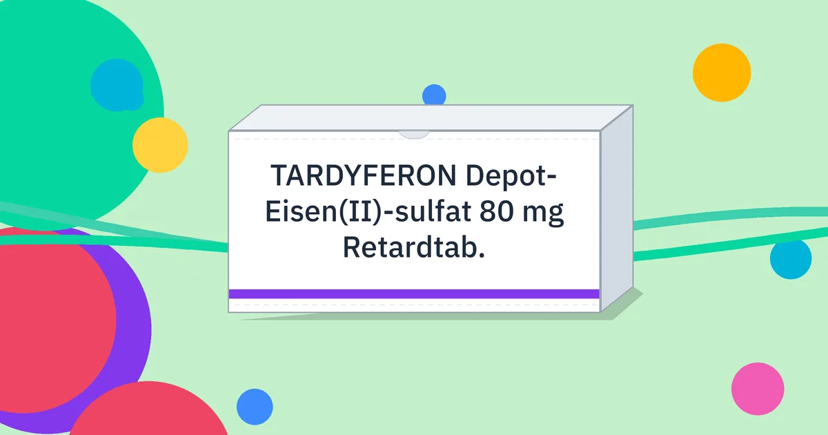 Symbolbild: Packung mit der Aufschrift TARDYFERON Depot-Eisen(II)-sulfat 80 mg Retardtab. (PZN 19981207) – Verfügbarkeit und Bezug in Apotheken in Frankfurt am Main