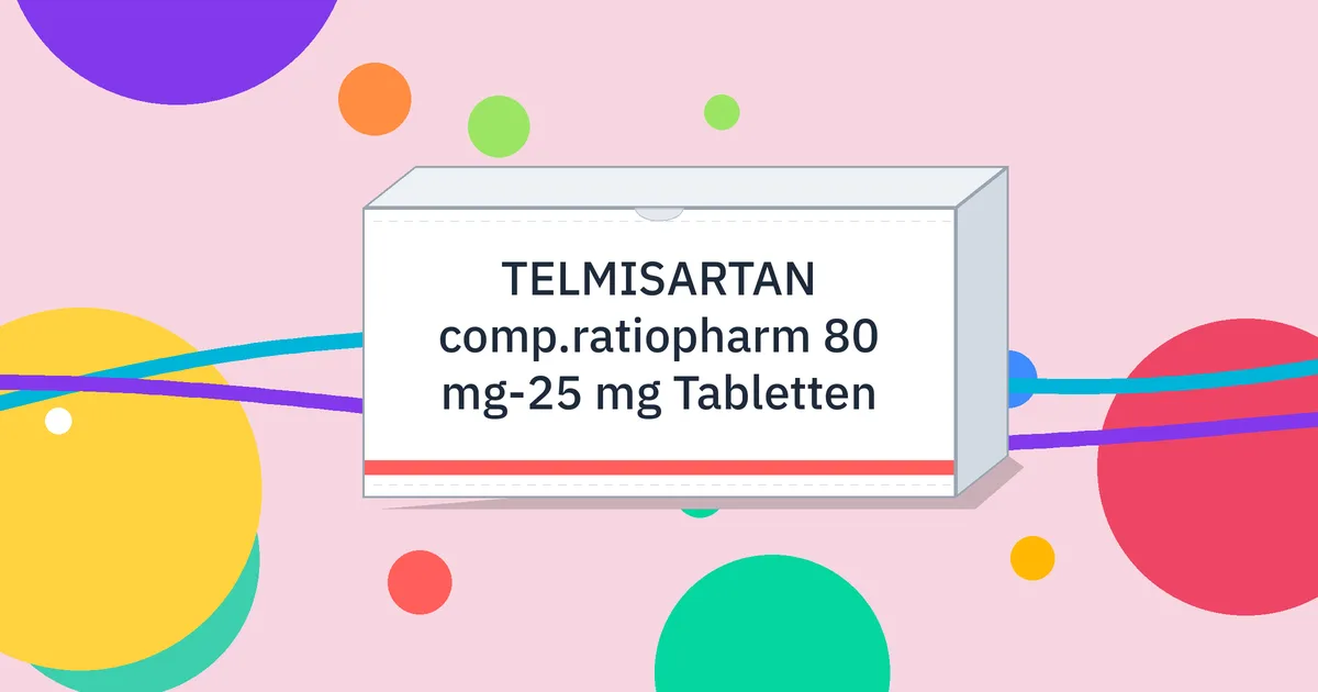 Symbolbild: Packung mit der Aufschrift TELMISARTAN comp.ratiopharm 80 mg-25 mg Tabletten (PZN 10283016) – Verfügbarkeit und Bezug in Apotheken in Frankfurt am Main