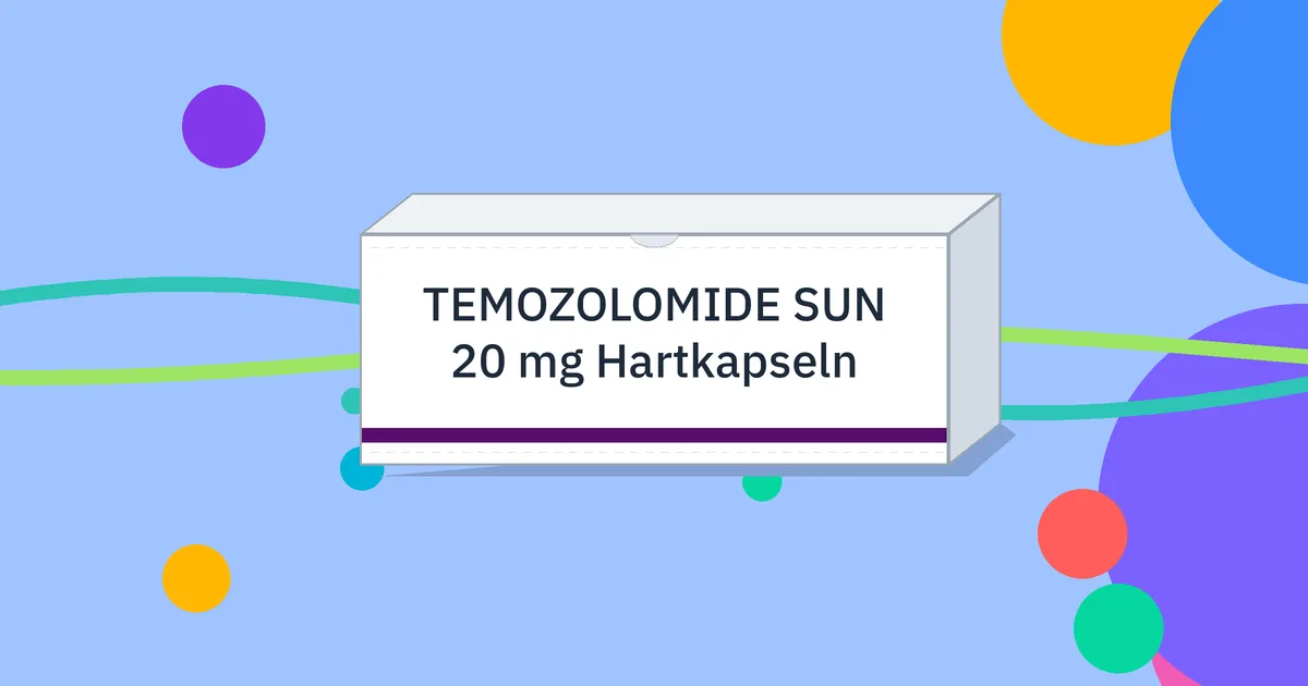Symbolbild: Packung mit der Aufschrift TEMOZOLOMIDE SUN 20 mg Hartkapseln (PZN 09281963) – Verfügbarkeit und Bezug in Apotheken in Frankfurt am Main
