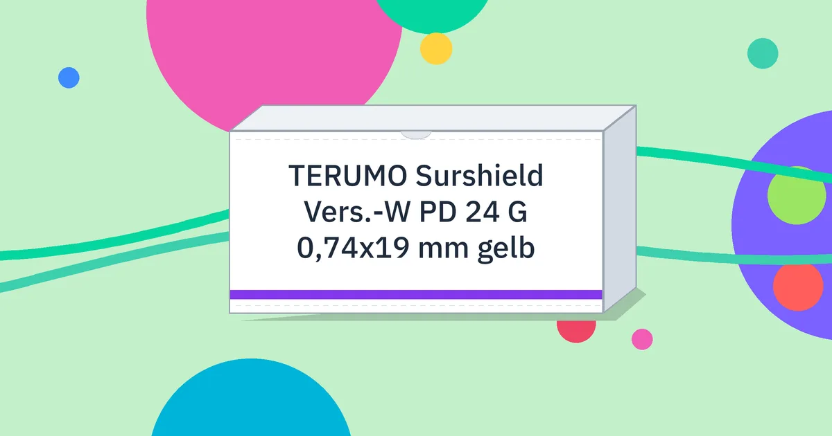 Symbolbild: Packung mit der Aufschrift TERUMO Surshield Vers.-W PD 24 G 0,74x19 mm gelb (PZN 17630857) – Verfügbarkeit und Bezug in Apotheken in Frankfurt am Main