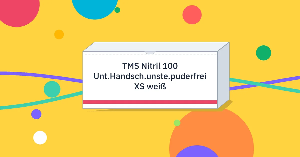 Symbolbild: Packung mit der Aufschrift TMS Nitril 100 Unt.Handsch.unste.puderfrei XS weiß (PZN 20650846) – Verfügbarkeit und Bezug in Apotheken in Frankfurt am Main
