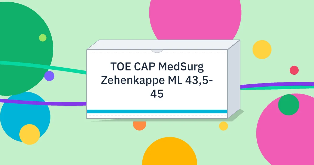 Symbolbild: Packung mit der Aufschrift TOE CAP MedSurg Zehenkappe ML 43,5-45 (PZN 16631240) – Verfügbarkeit und Bezug in Apotheken in Frankfurt am Main