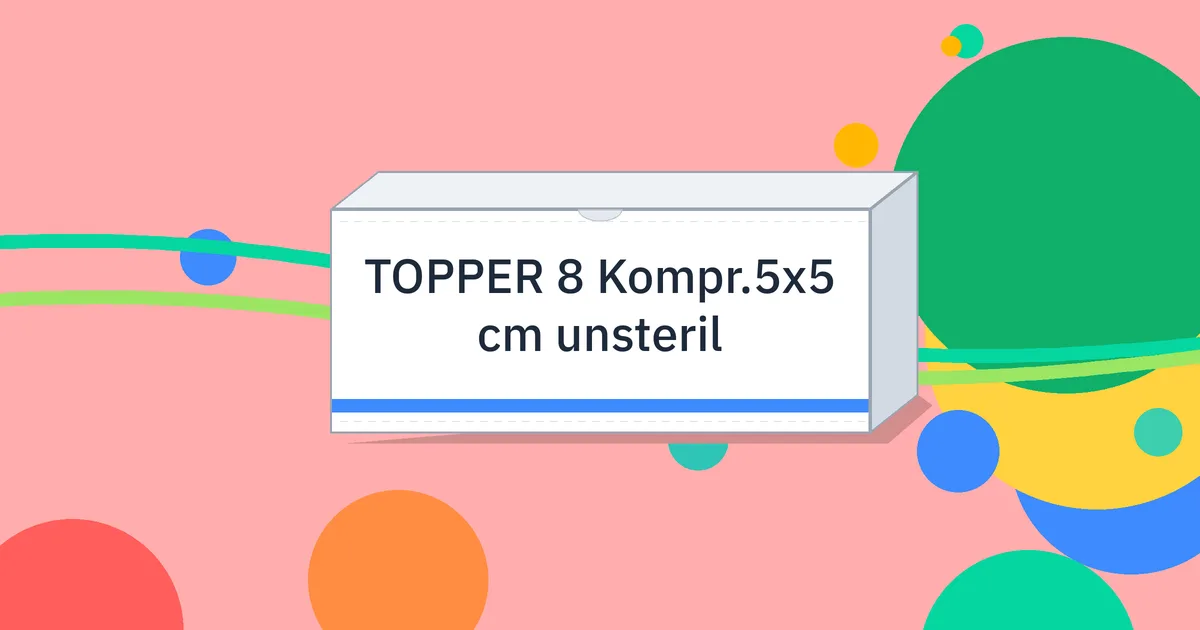 Symbolbild: Packung mit der Aufschrift TOPPER 8 Kompr.5x5 cm unsteril (PZN 03420292) – Verfügbarkeit und Bezug in Apotheken in Frankfurt am Main