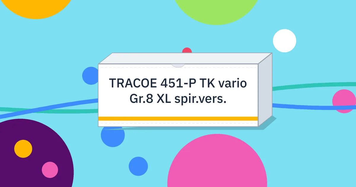 Symbolbild: Packung mit der Aufschrift TRACOE 451-P TK vario Gr.8 XL spir.vers. (PZN 06939652) – Verfügbarkeit und Bezug in Apotheken in Frankfurt am Main