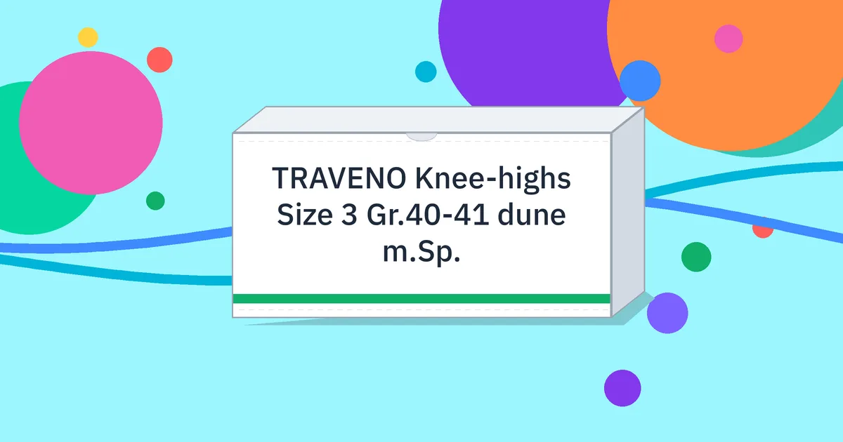 Symbolbild: Packung mit der Aufschrift TRAVENO Knee-highs Size 3 Gr.40-41 dune m.Sp. (PZN 17602950) – Verfügbarkeit und Bezug in Apotheken in Frankfurt am Main