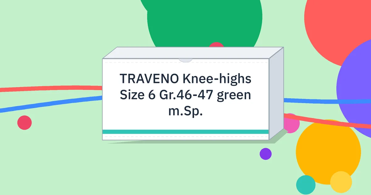 Symbolbild: Packung mit der Aufschrift TRAVENO Knee-highs Size 6 Gr.46-47 green m.Sp. (PZN 20651857) – Verfügbarkeit und Bezug in Apotheken in Frankfurt am Main
