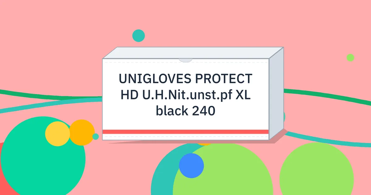 Symbolbild: Packung mit der Aufschrift UNIGLOVES PROTECT HD U.H.Nit.unst.pf XL black 240 (PZN 20189005) – Verfügbarkeit und Bezug in Apotheken in Frankfurt am Main