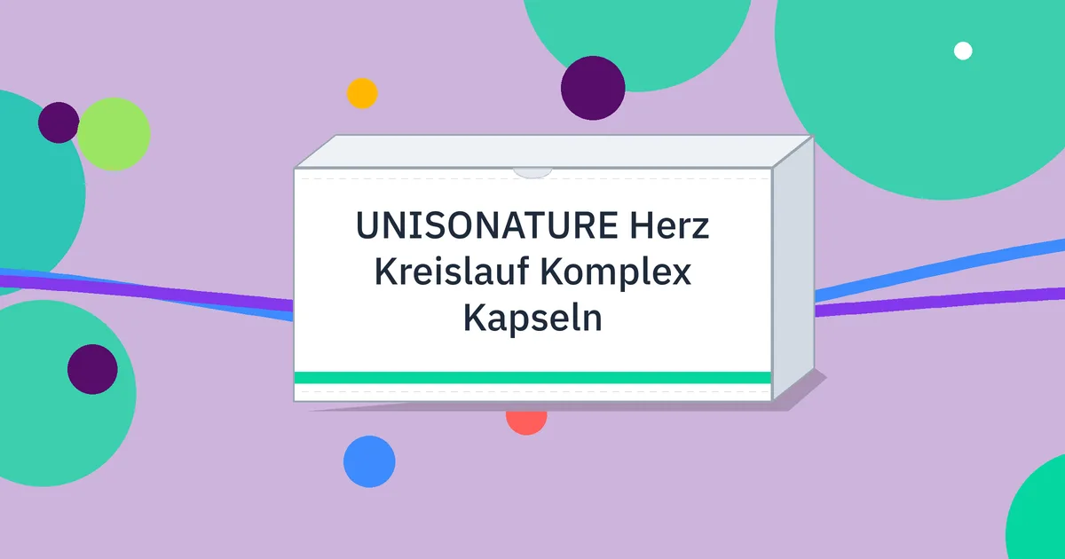 Symbolbild: Packung mit der Aufschrift UNISONATURE Herz Kreislauf Komplex Kapseln (PZN 19537228) – Verfügbarkeit und Bezug in Apotheken in Frankfurt am Main