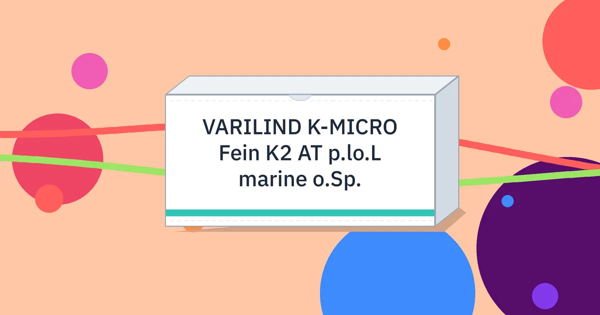 Symbolbild: Packung mit der Aufschrift VARILIND K-MICRO Fein K2 AT p.lo.L marine o.Sp. (PZN 20553652) – Verfügbarkeit und Bezug in Apotheken in Frankfurt am Main