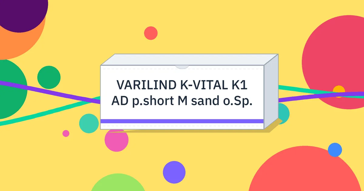 Symbolbild: Packung mit der Aufschrift VARILIND K-VITAL K1 AD p.short M sand o.Sp. (PZN 20566100) – Verfügbarkeit und Bezug in Apotheken in Frankfurt am Main