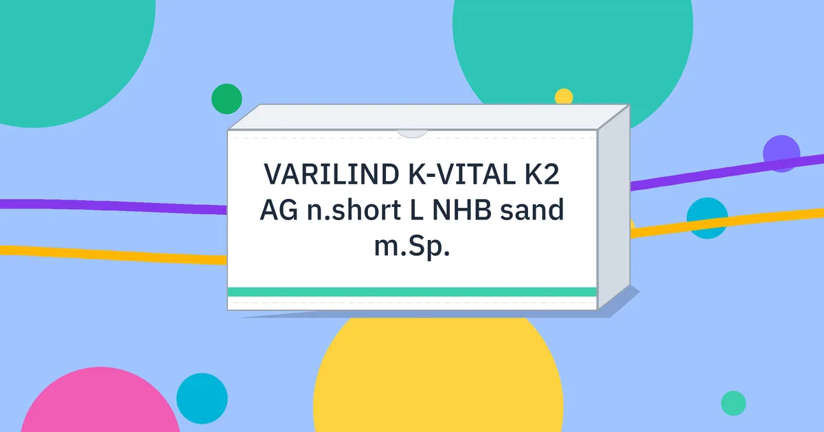 Symbolbild: Packung mit der Aufschrift VARILIND K-VITAL K2 AG n.short L NHB sand m.Sp. (PZN 20564236) – Verfügbarkeit und Bezug in Apotheken in Frankfurt am Main
