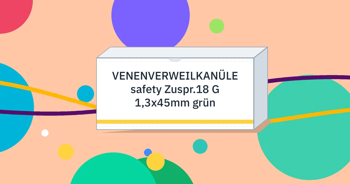 Symbolbild: Packung mit der Aufschrift VENENVERWEILKANÜLE safety Zuspr.18 G 1,3x45mm grün (PZN 18717721) – Verfügbarkeit und Bezug in Apotheken in Frankfurt am Main