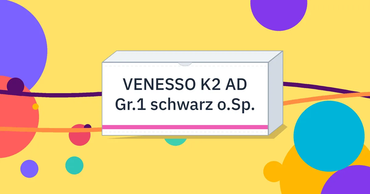 Symbolbild: Packung mit der Aufschrift VENESSO K2 AD Gr.1 schwarz o.Sp. (PZN 03260210) – Verfügbarkeit und Bezug in Apotheken in Frankfurt am Main