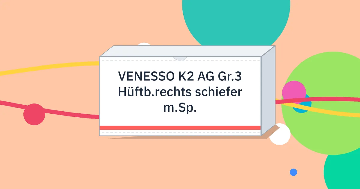 Symbolbild: Packung mit der Aufschrift VENESSO K2 AG Gr.3 Hüftb.rechts schiefer m.Sp. (PZN 03274229) – Verfügbarkeit und Bezug in Apotheken in Frankfurt am Main