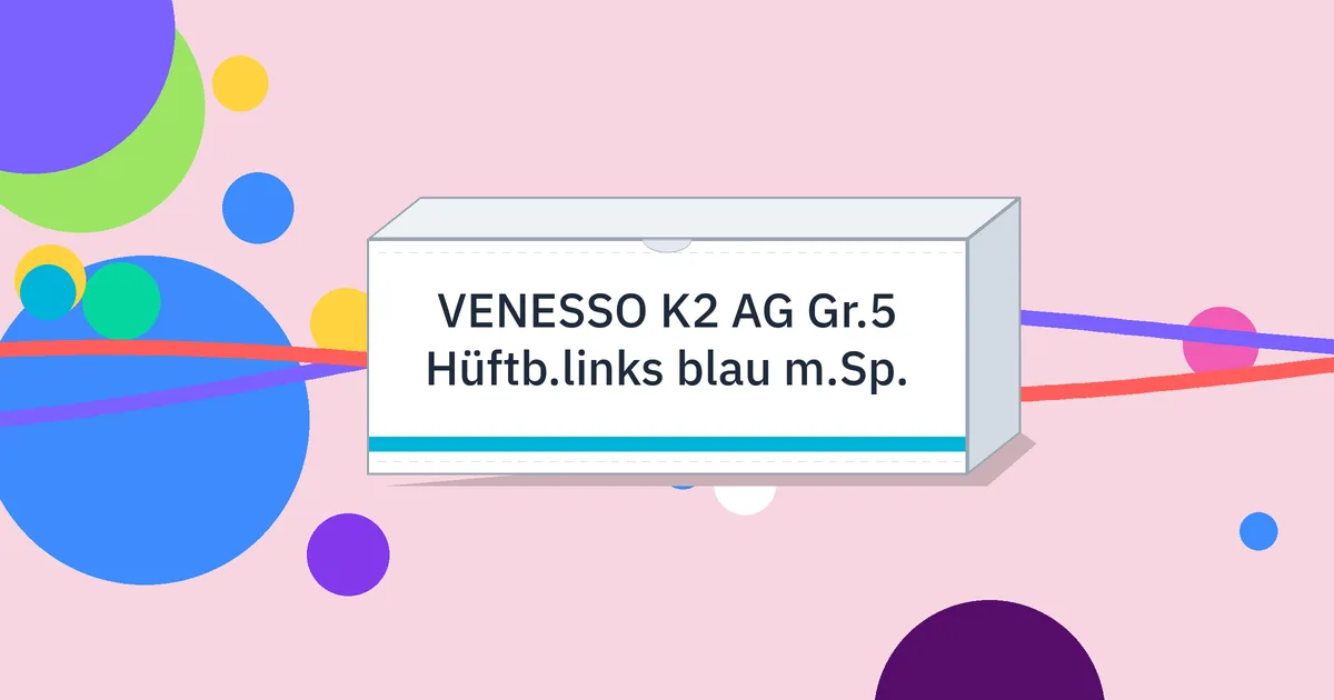 Symbolbild: Packung mit der Aufschrift VENESSO K2 AG Gr.5 Hüftb.links blau m.Sp. (PZN 03267732) – Verfügbarkeit und Bezug in Apotheken in Frankfurt am Main
