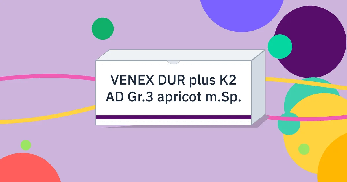 Symbolbild: Packung mit der Aufschrift VENEX DUR plus K2 AD Gr.3 apricot m.Sp. (PZN 03233271) – Verfügbarkeit und Bezug in Apotheken in Frankfurt am Main