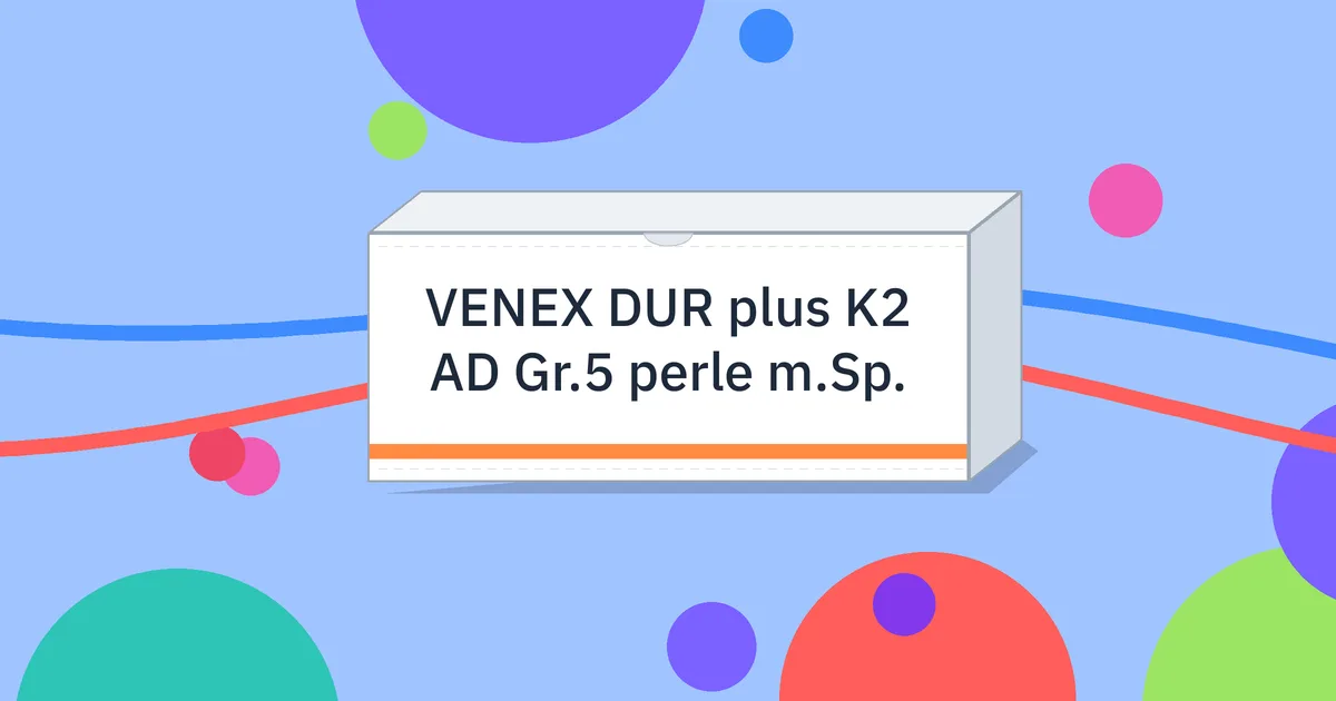 Symbolbild: Packung mit der Aufschrift VENEX DUR plus K2 AD Gr.5 perle m.Sp. (PZN 03233236) – Verfügbarkeit und Bezug in Apotheken in Frankfurt am Main