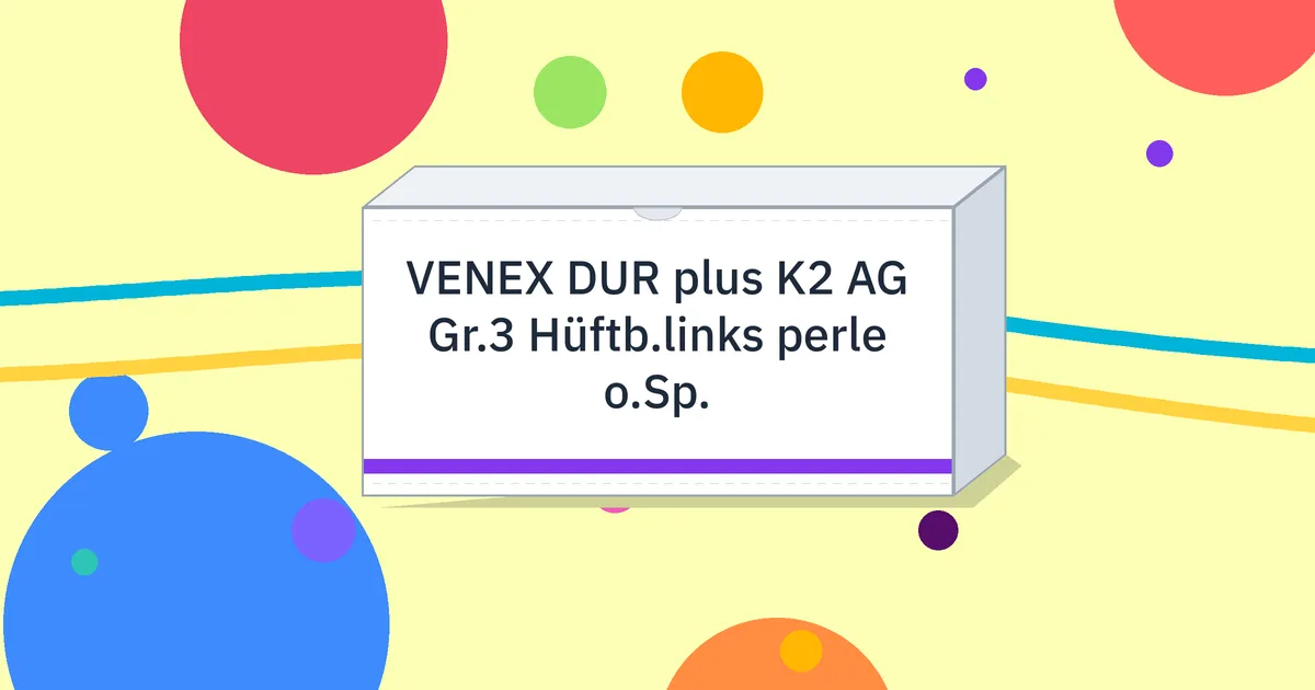 Symbolbild: Packung mit der Aufschrift VENEX DUR plus K2 AG Gr.3 Hüftb.links perle o.Sp. (PZN 03239836) – Verfügbarkeit und Bezug in Apotheken in Frankfurt am Main