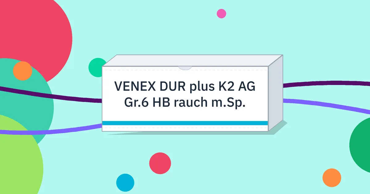 Symbolbild: Packung mit der Aufschrift VENEX DUR plus K2 AG Gr.6 HB rauch m.Sp. (PZN 03236192) – Verfügbarkeit und Bezug in Apotheken in Frankfurt am Main