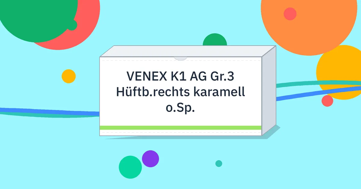 Symbolbild: Packung mit der Aufschrift VENEX K1 AG Gr.3 Hüftb.rechts karamell o.Sp. (PZN 13761002) – Verfügbarkeit und Bezug in Apotheken in Frankfurt am Main