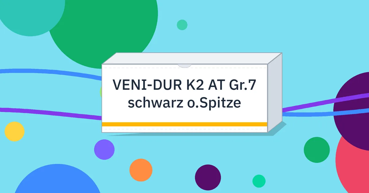 Symbolbild: Packung mit der Aufschrift VENI-DUR K2 AT Gr.7 schwarz o.Spitze (PZN 03244168) – Verfügbarkeit und Bezug in Apotheken in Frankfurt am Main
